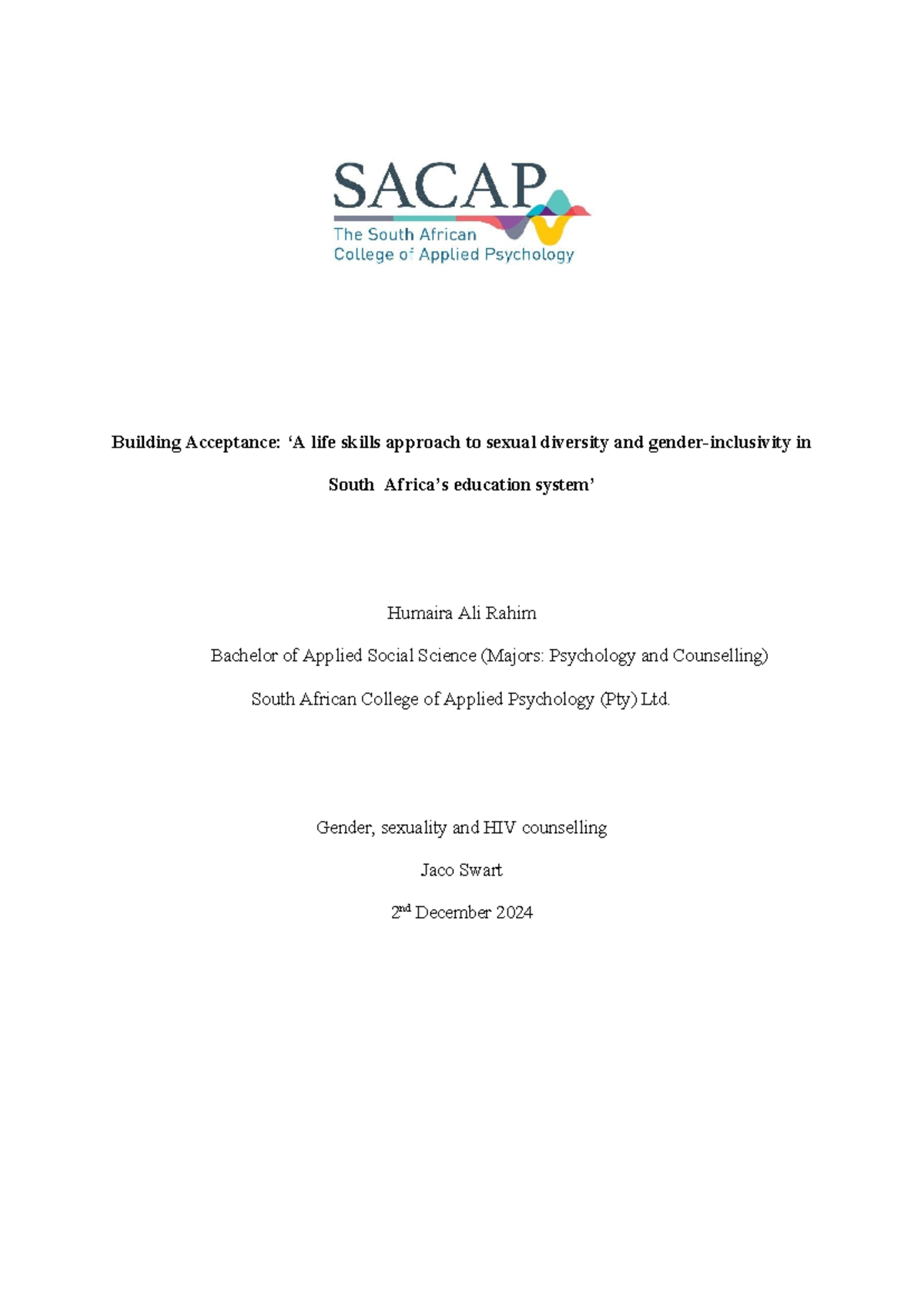 Gender and Sexual Diversity Education: A Life Skills Approach (ASS2 ...