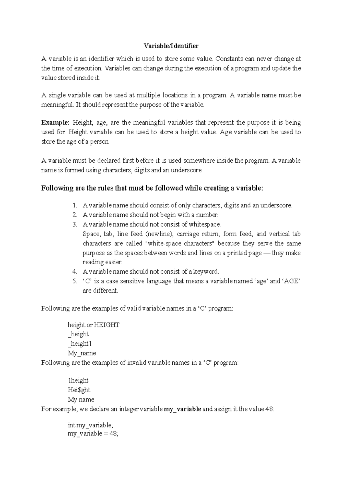 Variable Naming Rules and Best Practices - CS101 - Studocu