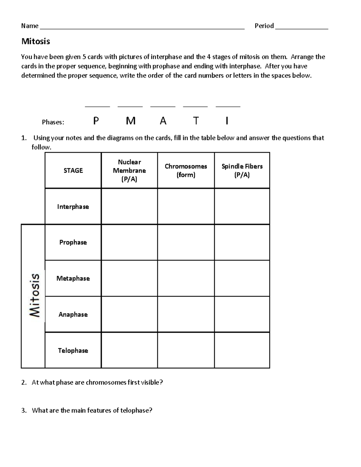 Mitosis Card Worksheet: Sequencing and Stage Details Activity - Studocu