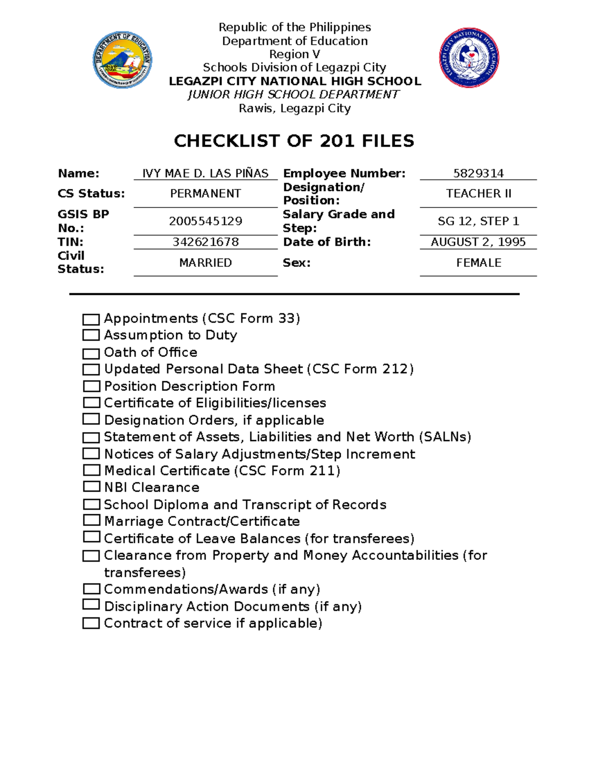 201 File Checklist for Teacher II - Employee 5829314 - Studocu