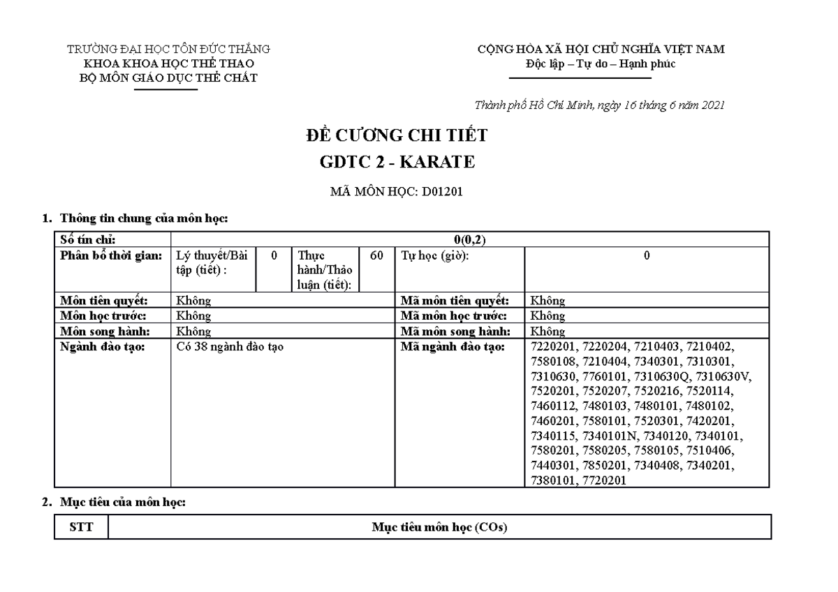 Đề cương chi tiết GDTC 2 - D01201 - Karate môn học thực hành - Studocu