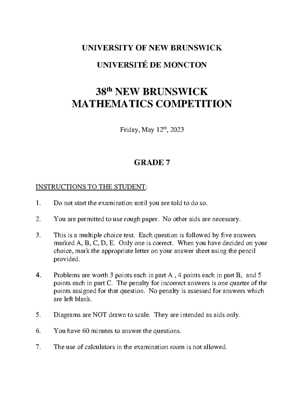 Grade 7 Math Competition Questions - UNB/UMoncton 2023 - Studocu