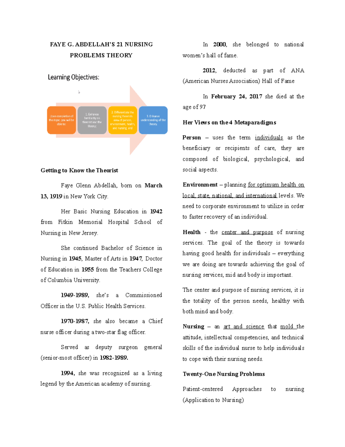 Faye Abdellah's 21 Nursing Problems Theory - Reviewer - FAYE G ...