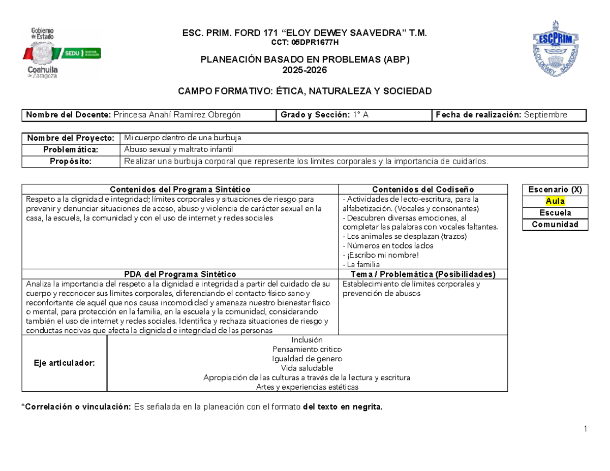 ESC. PRIM. FORD 171 DEWEY T.M. CCT: 05DPR1677H PLANEACIÓN BASADA EN ...