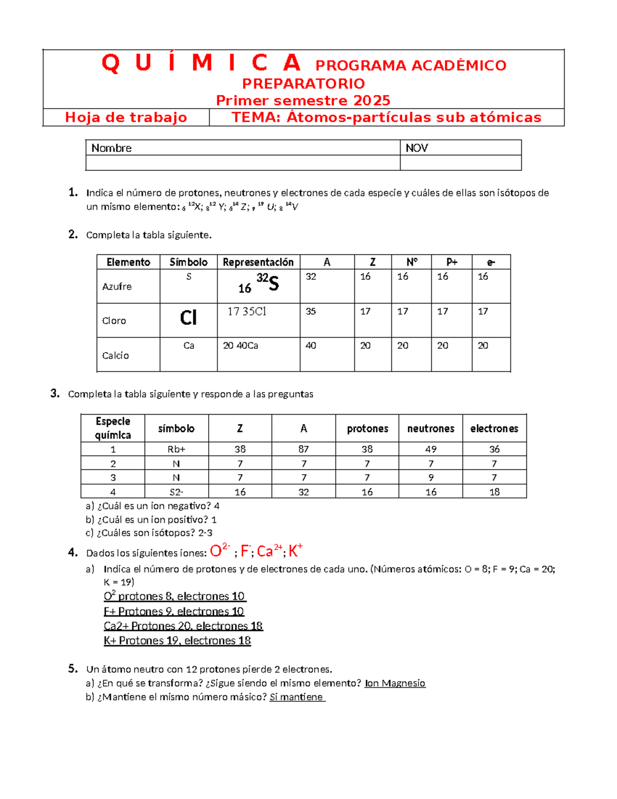 Hoja 6 quimica - nls - PREPARATORIO Primer semestre 2025 Hoja de ...