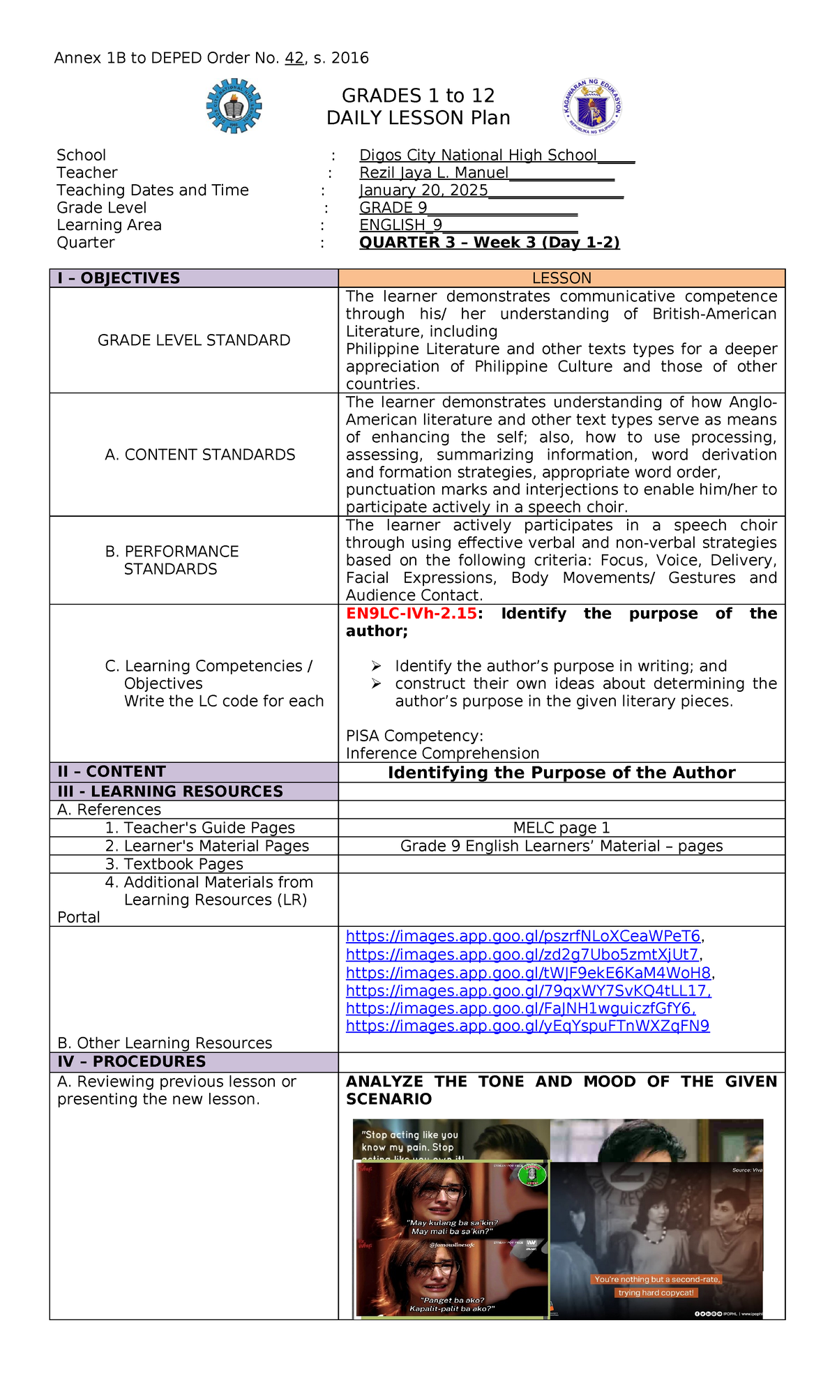 Identifying Author's Purpose: Daily Lesson Plan for GRADE 9 (ENG9) - Studocu