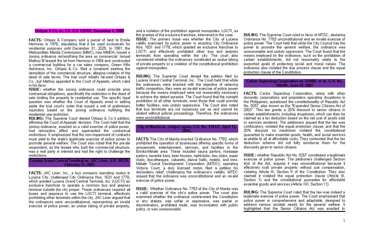 Case Digest: Landmark Supreme Court Rulings on Police Power (Ch. 4-7 ...