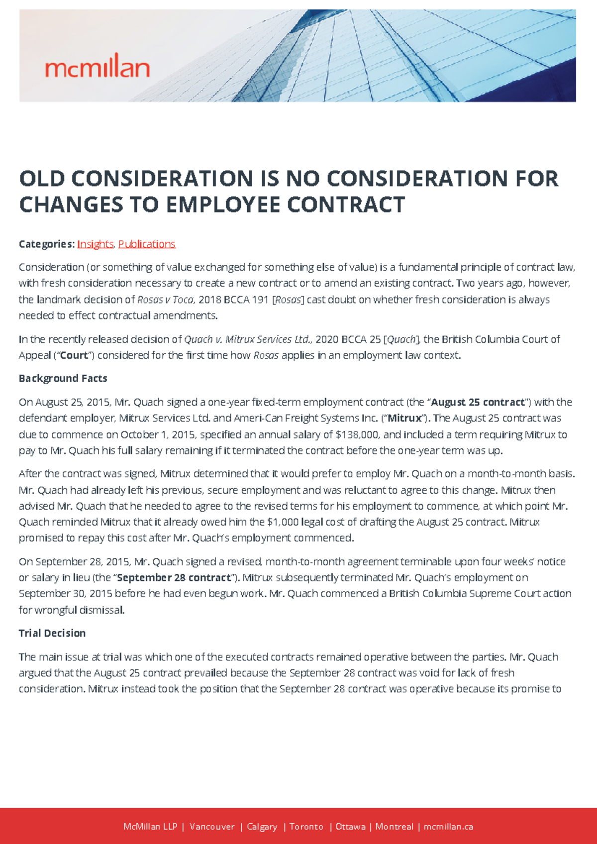 Quach v. Mitrux Services Ltd.: Fresh Consideration in Employment ...