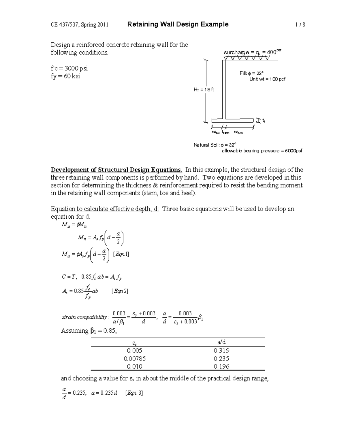 Retaining Wall Design Example (ENGR 204) - Structural Analysis Notes ...