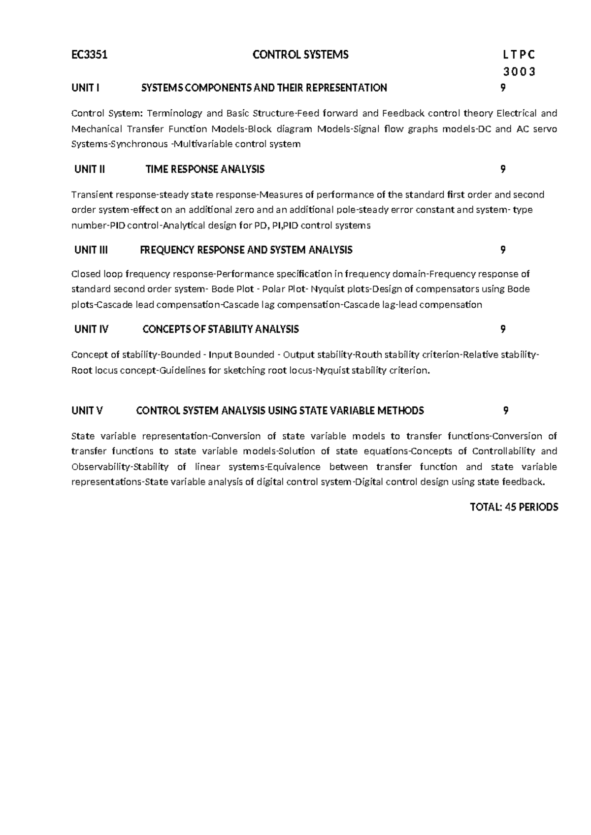 EC3351 Control Systems Syllabus: Components, Analysis & Stability - Studocu