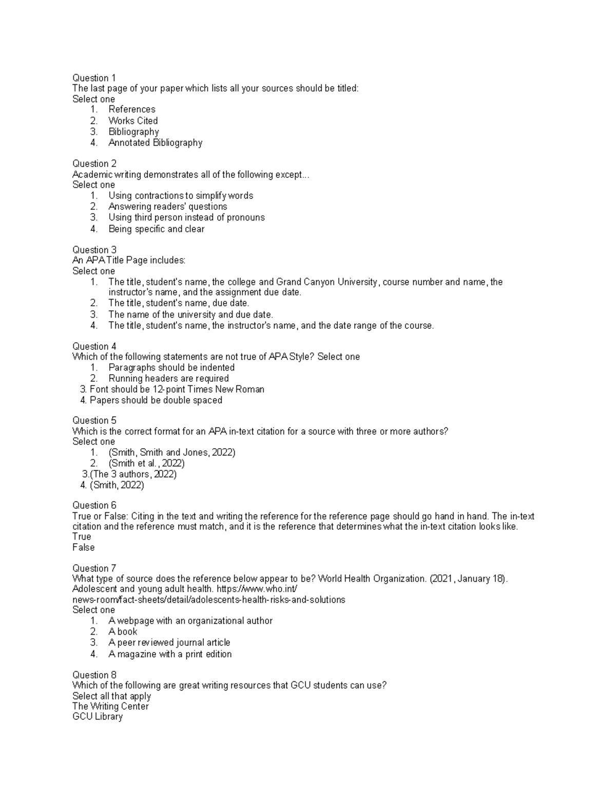 GCU APA Academic Writing Quiz: Key Concepts and Guidelines - Studocu