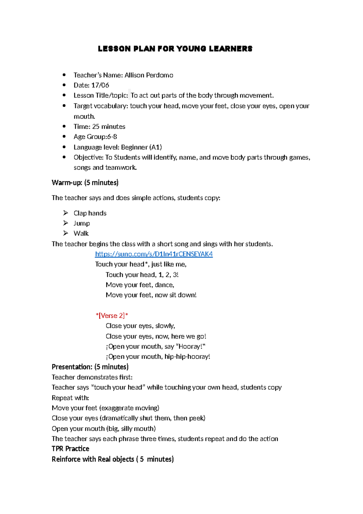LESSON PLAN A1: BODY PARTS THROUGH MOVEMENT - Studocu