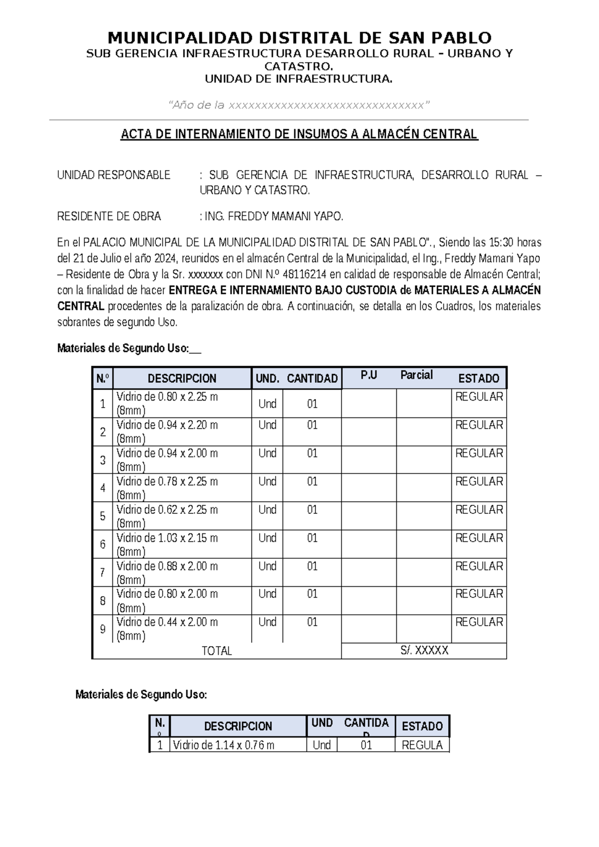 ACTA DE INTERNAMIENTO DE INSUMOS A ALMACÉN CENTRAL - SAN PABLO - Studocu