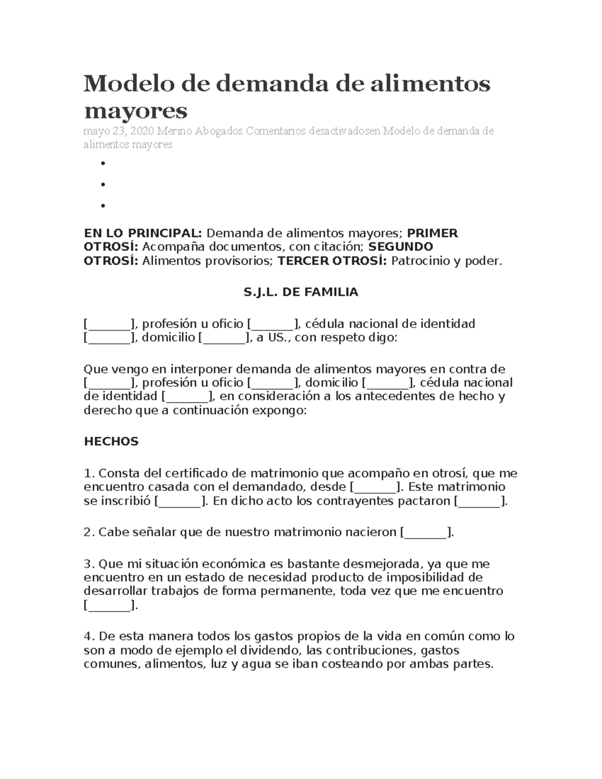 Demanda de Alimentos Mayores - Modelo Judicial y Normativa Aplicable ...