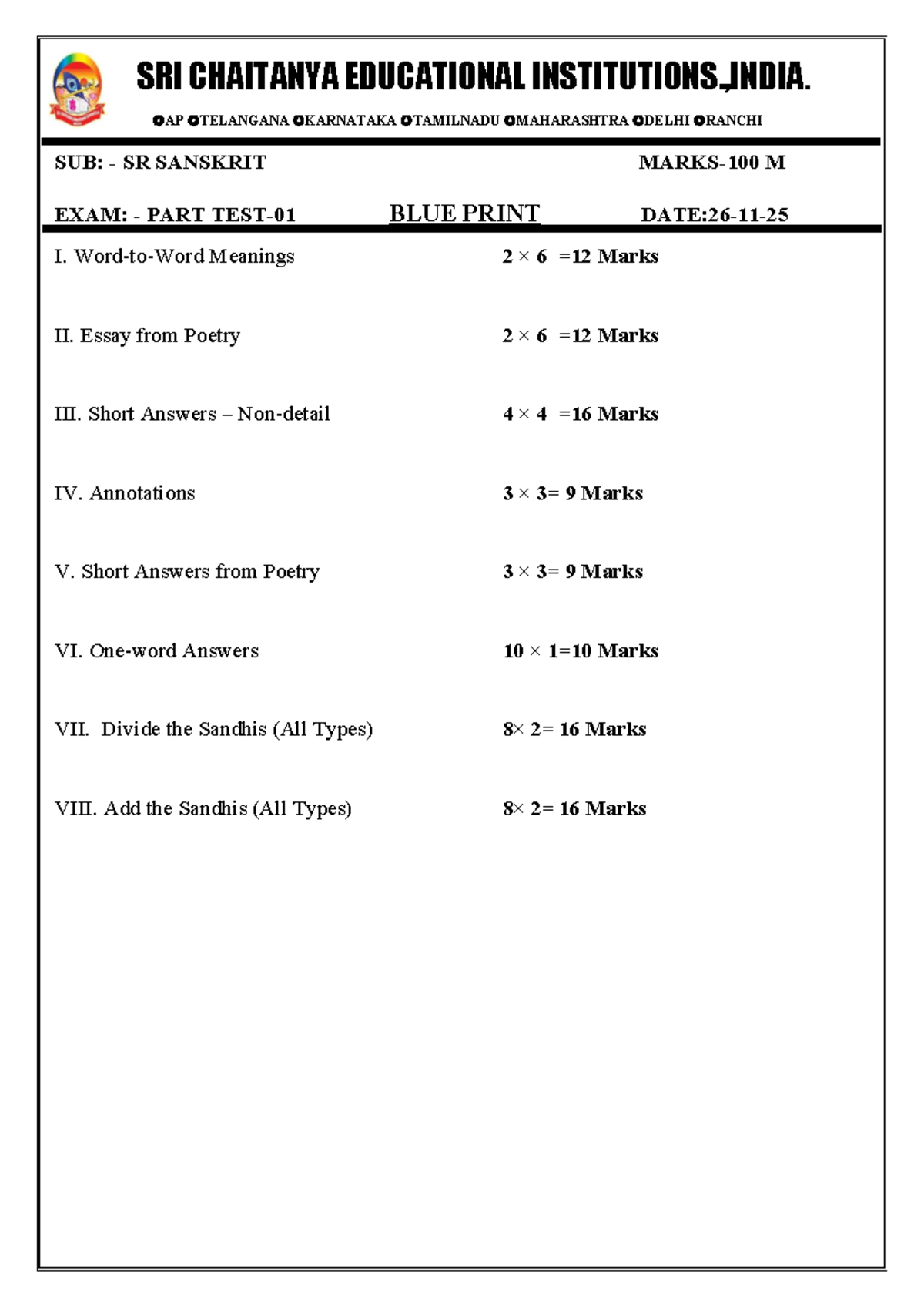 26-11-25 SR Sanskrit PART TEST-01 BLUE Print - ** SRI CHAITANYA ...