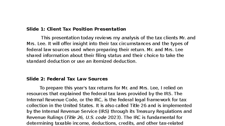 Acc330 Project 2 Tax Position Presentation & Speaker Notes - Studocu