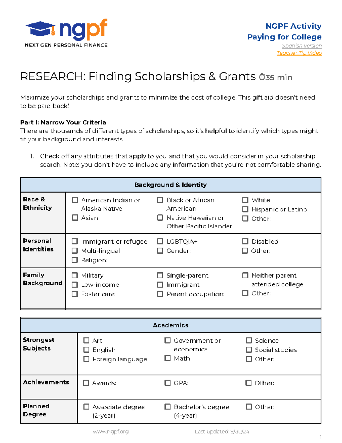 NGPF Activity: Finding Scholarships & Grants (Spanish Version) - Studocu