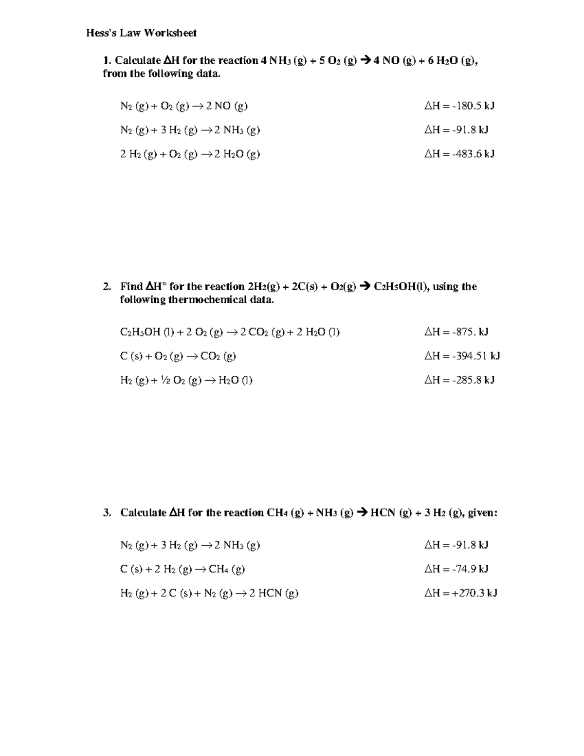 Hess's Law WS - yuh - Hess's Law Worksheet 1. Calculate H for the ...