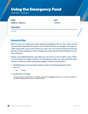 Classwork 93024 - FO U N DAT I O N S IN PERSONAL FINANCE Drive With Freedom CHAPTER 4, LESSON 5 ...