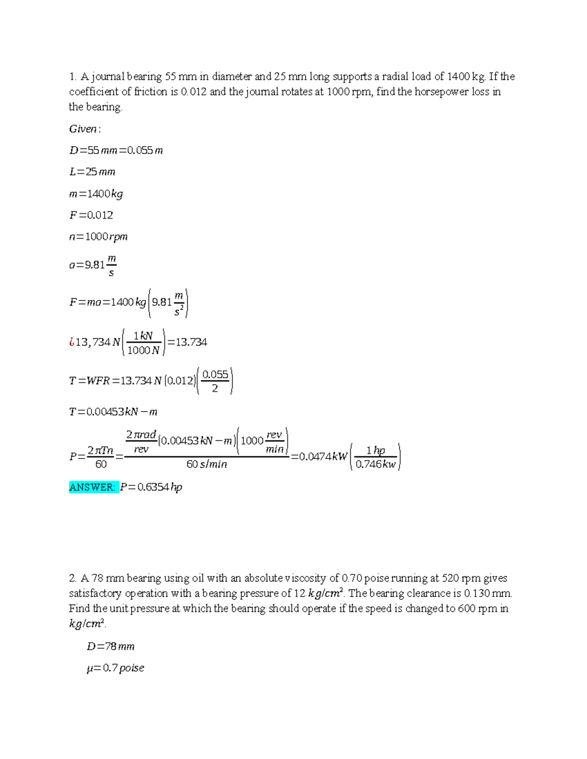 Machine Design - Journal Bearings Analysis (ENGG 301) - Studocu
