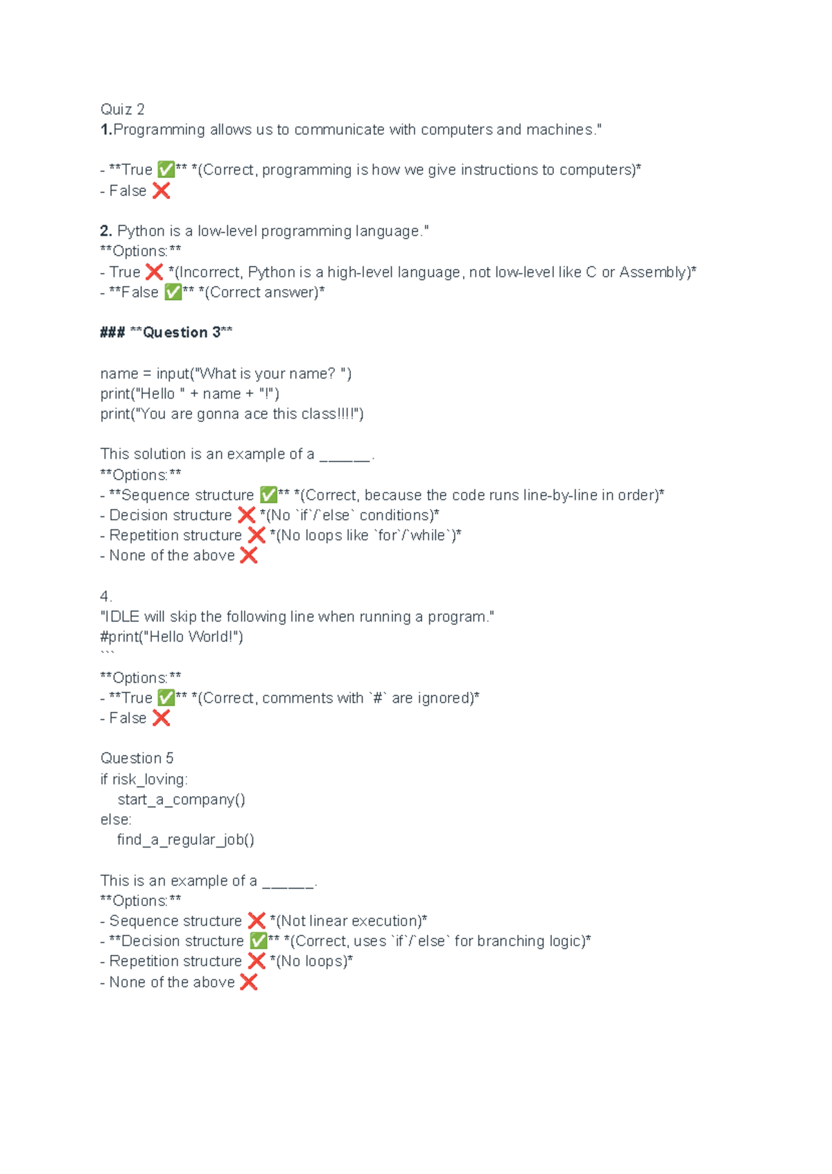 Quiz 2-9: Python Programming Concepts and Structures - Studocu