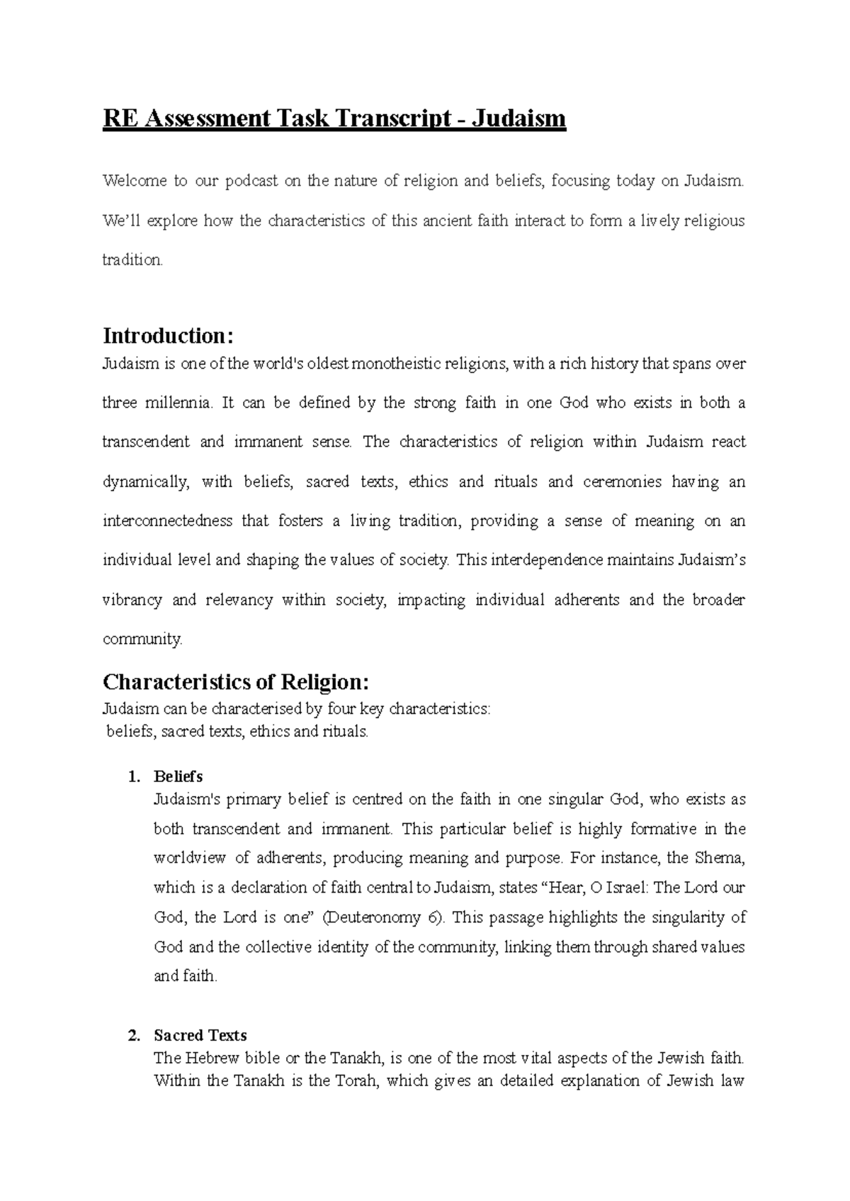 RE Assessment Task Transcript: Exploring Judaism's Core Beliefs and ...