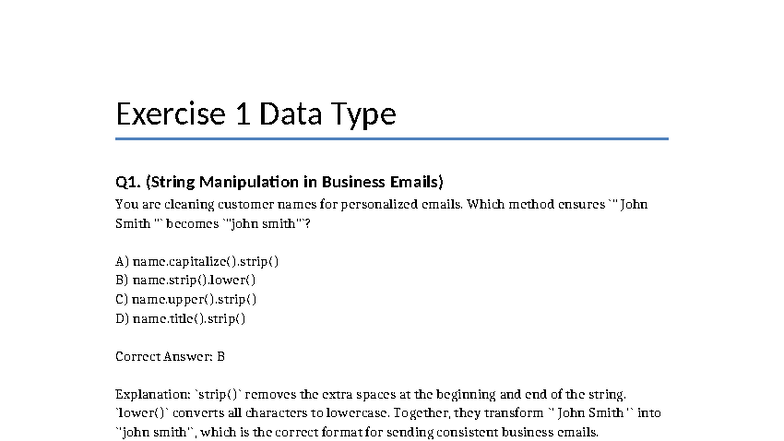 Exercise 1 Data Type Q1-Q4 Answers (String & List Manipulation) - Studocu