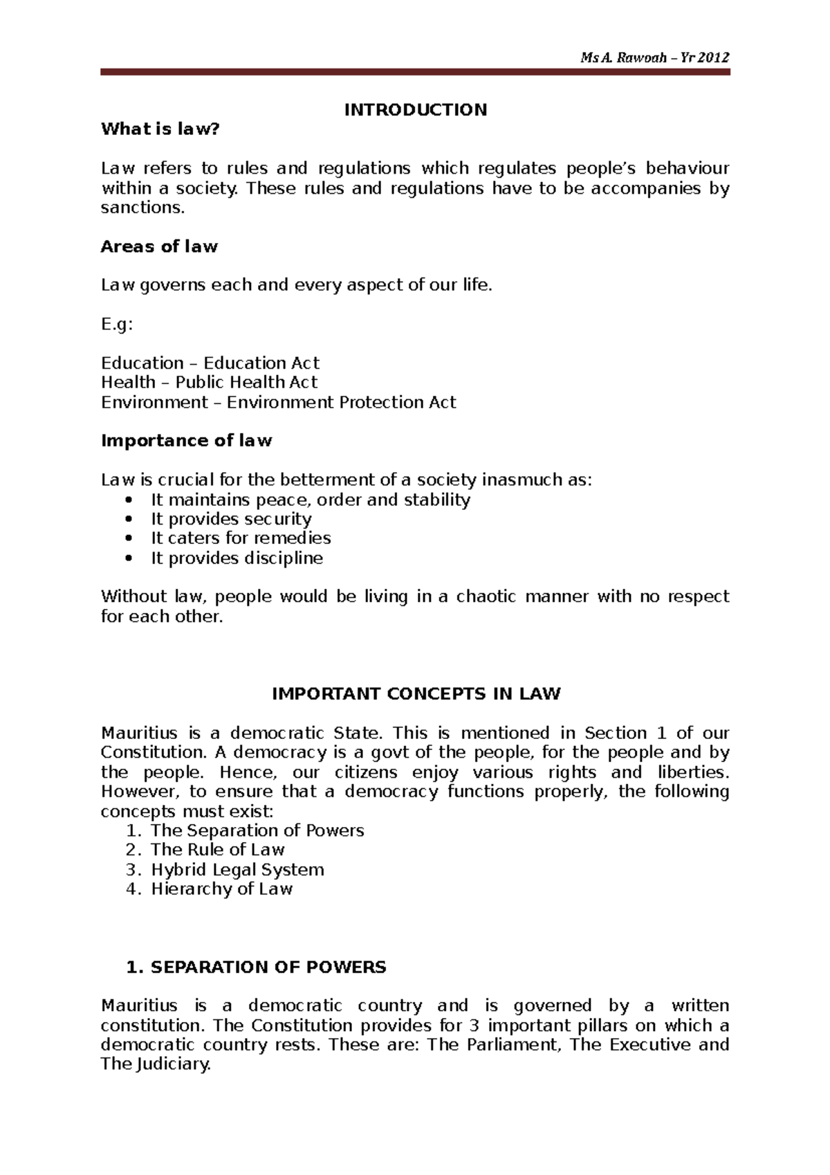 Important Concepts - separation of powers - INTRODUCTION What is law ...