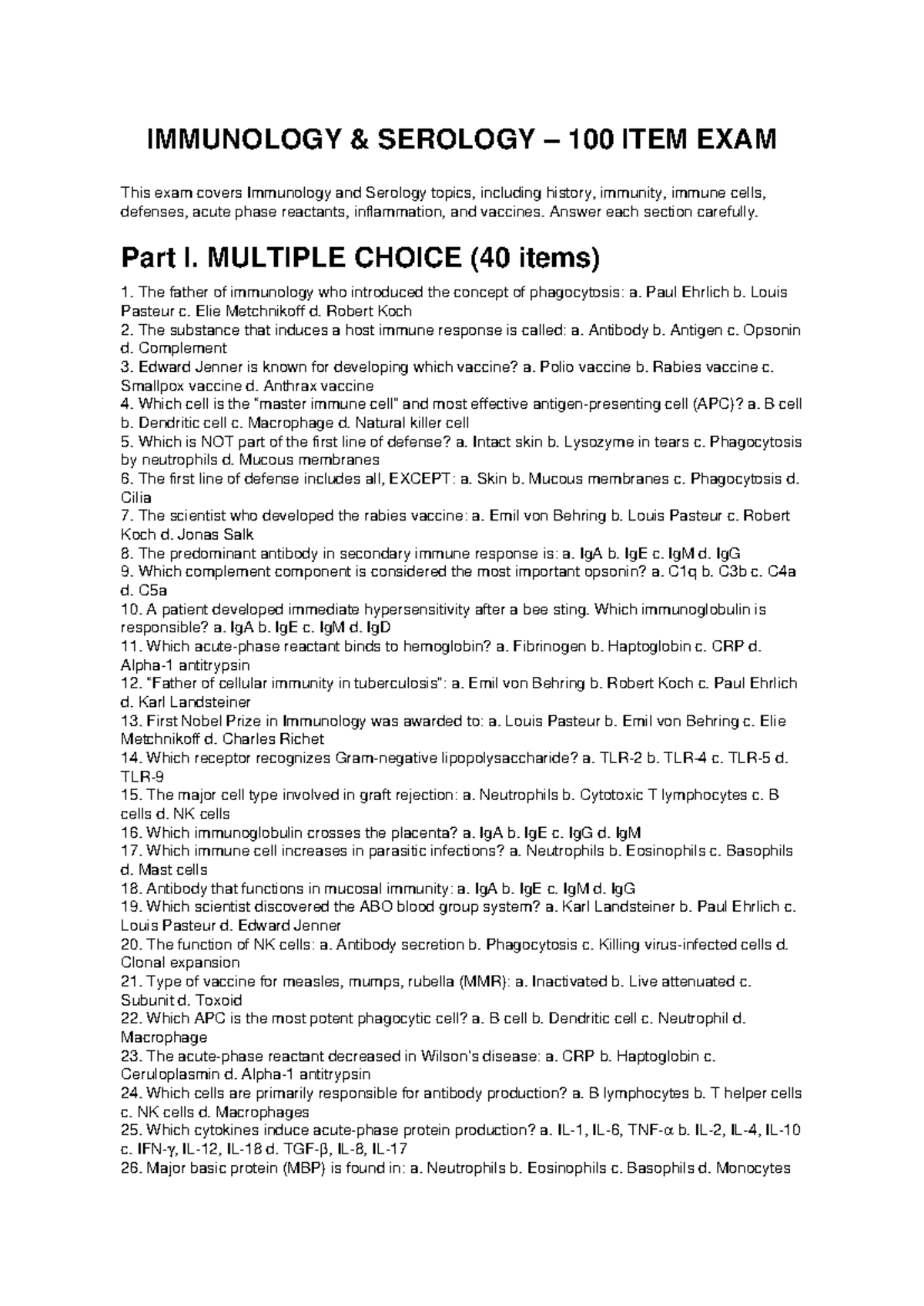 Immunology & Serology 100 Item Exam Review Guide - Studocu