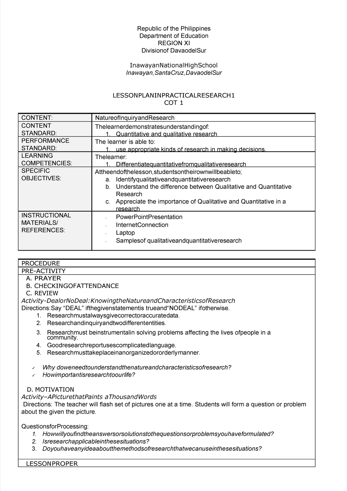 Practical Research 1 COT 1 Lesson Plan: Nature of Inquiry & Research ...