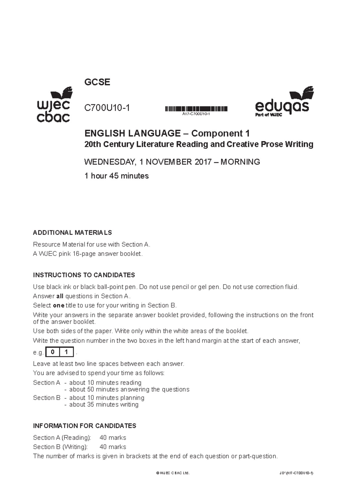 A17-C700U10 - Past Paper for GCSE English Language WJEC Eduqas - Studocu