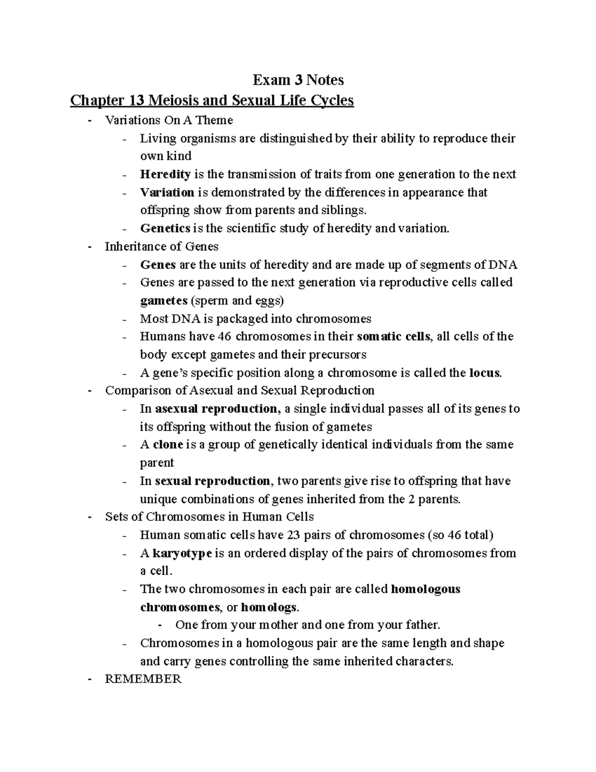Biology 114 Final Exam Notes: Meiosis & Genetic Inheritance (Chapter 13 ...