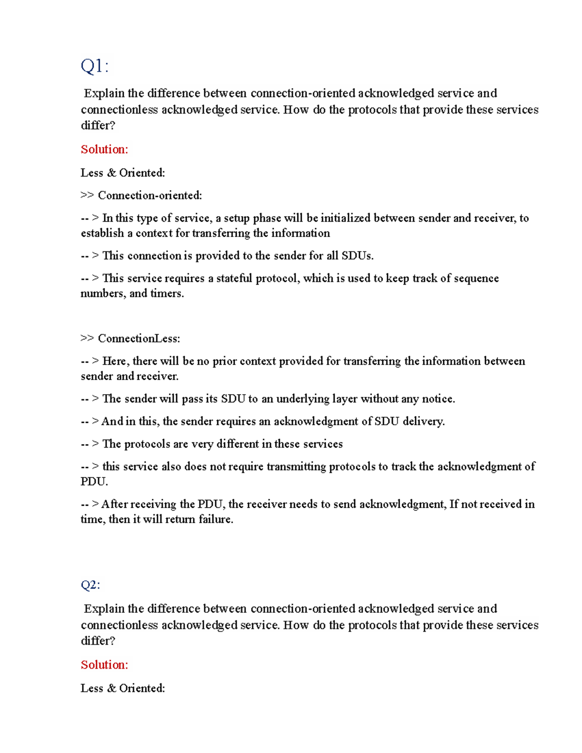 PE Sample Su22 - Q1: Explain the difference between connection-oriented ...