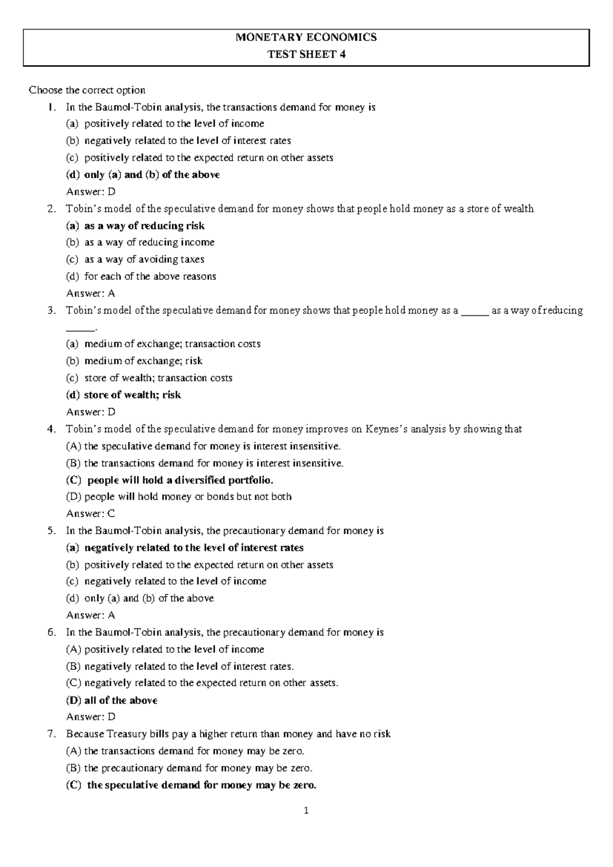 Monetary Economics TEST SHEET 4: Multiple Choice Questions & Answers ...