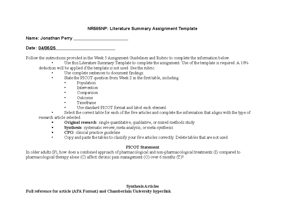 NR585NP: Week 5 Literature Summary Assignment Template - Studocu