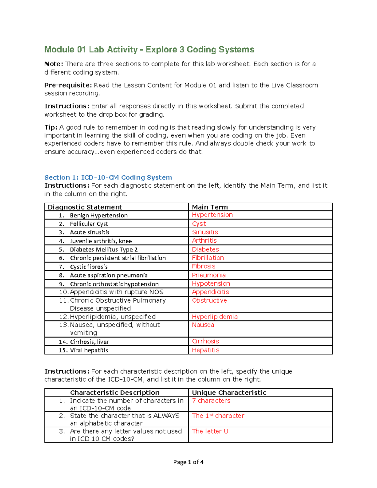 Codinglab 1 - Module 01 Lab Activity: Exploring ICD-10 & CPT Codes ...