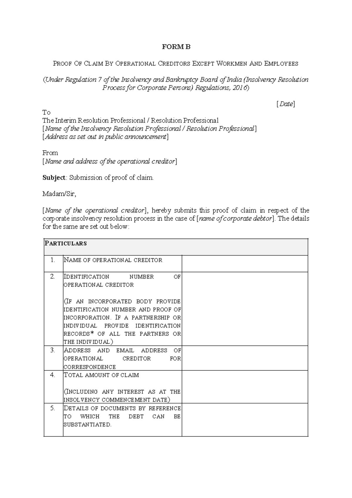 Proof of Claim Submission by Operational Creditors - Form B - Studocu