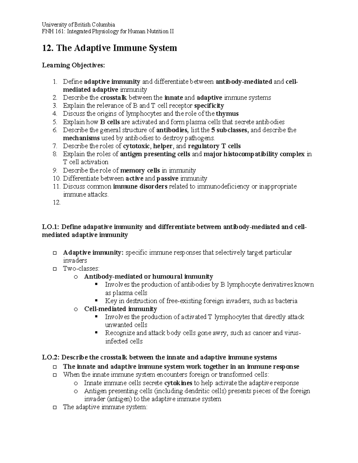 FNH 161: Adaptive Immune System Lecture Notes - Studocu