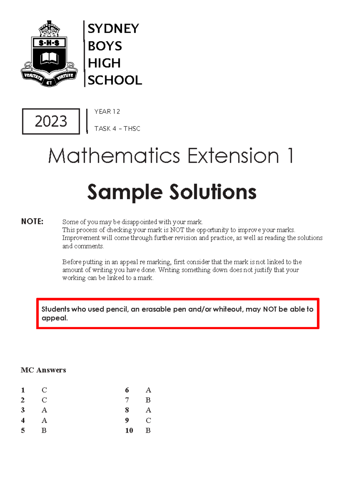 SBHS 2023 Year 12 Task 4 THSC Mathematics Extension 1 Solutions - Studocu