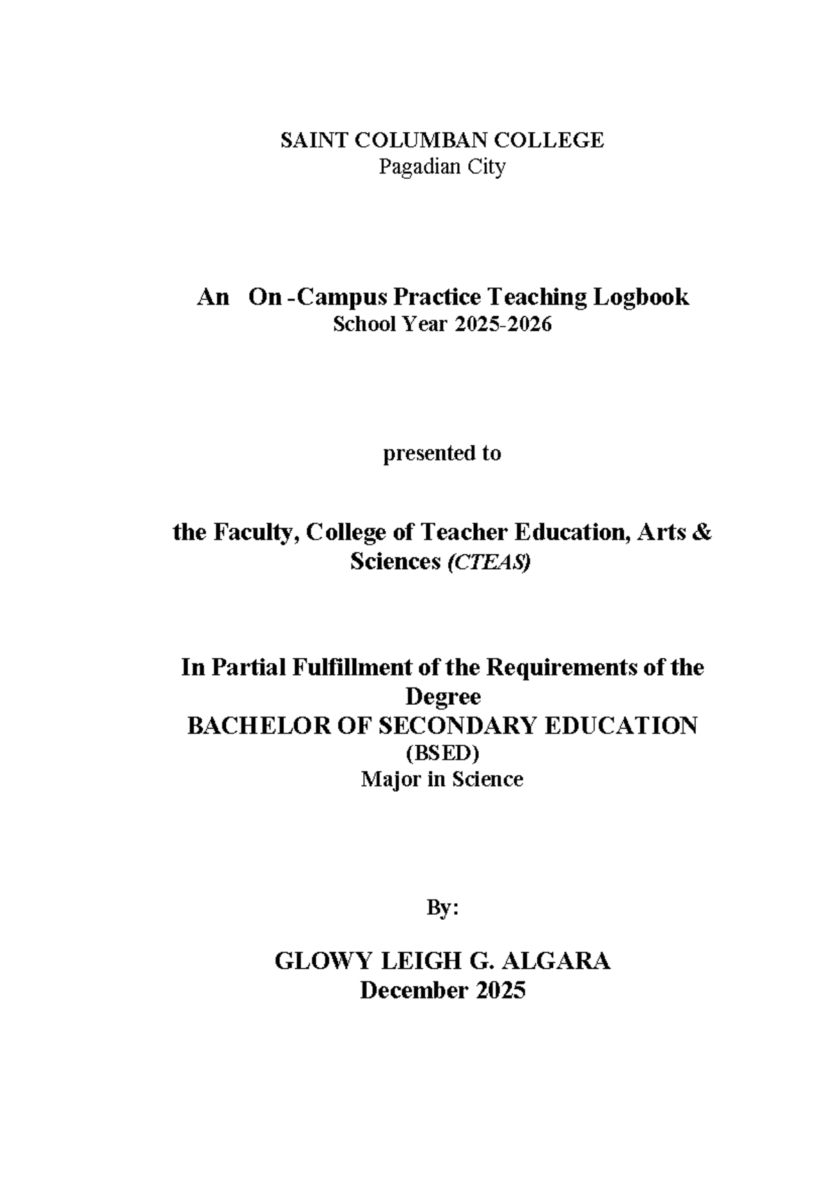 BSED Internship Logbook 2025: Glowy Leigh G. Algara - Studocu