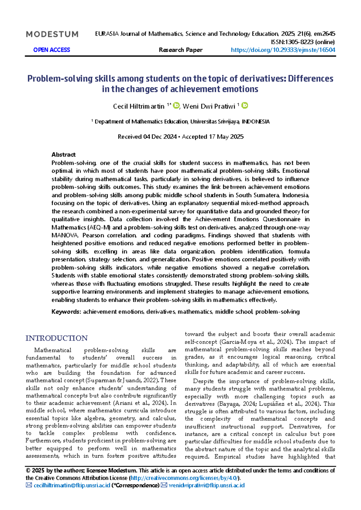 Problem Solving Skills in Derivatives: Emotional Impact on Student ...
