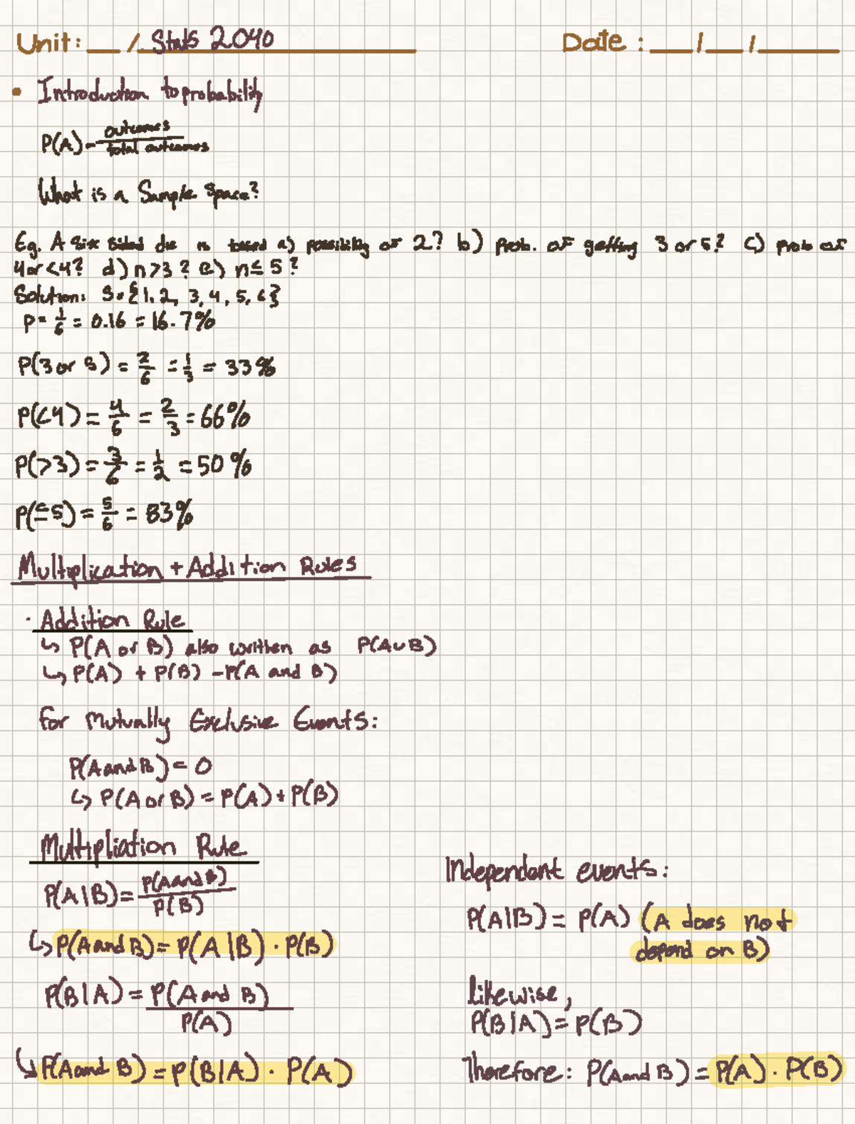 Stats 2040 Unit Notes: Introduction to Probability Concepts - Studocu