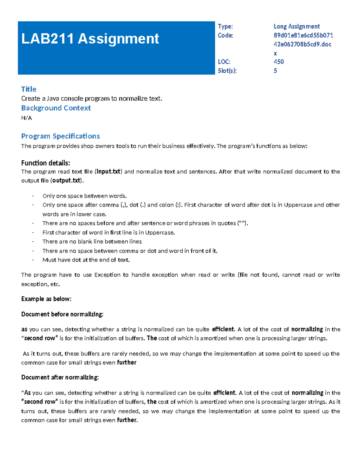 LAB211 Long Assignment: Java Program for Text Normalization - Studocu