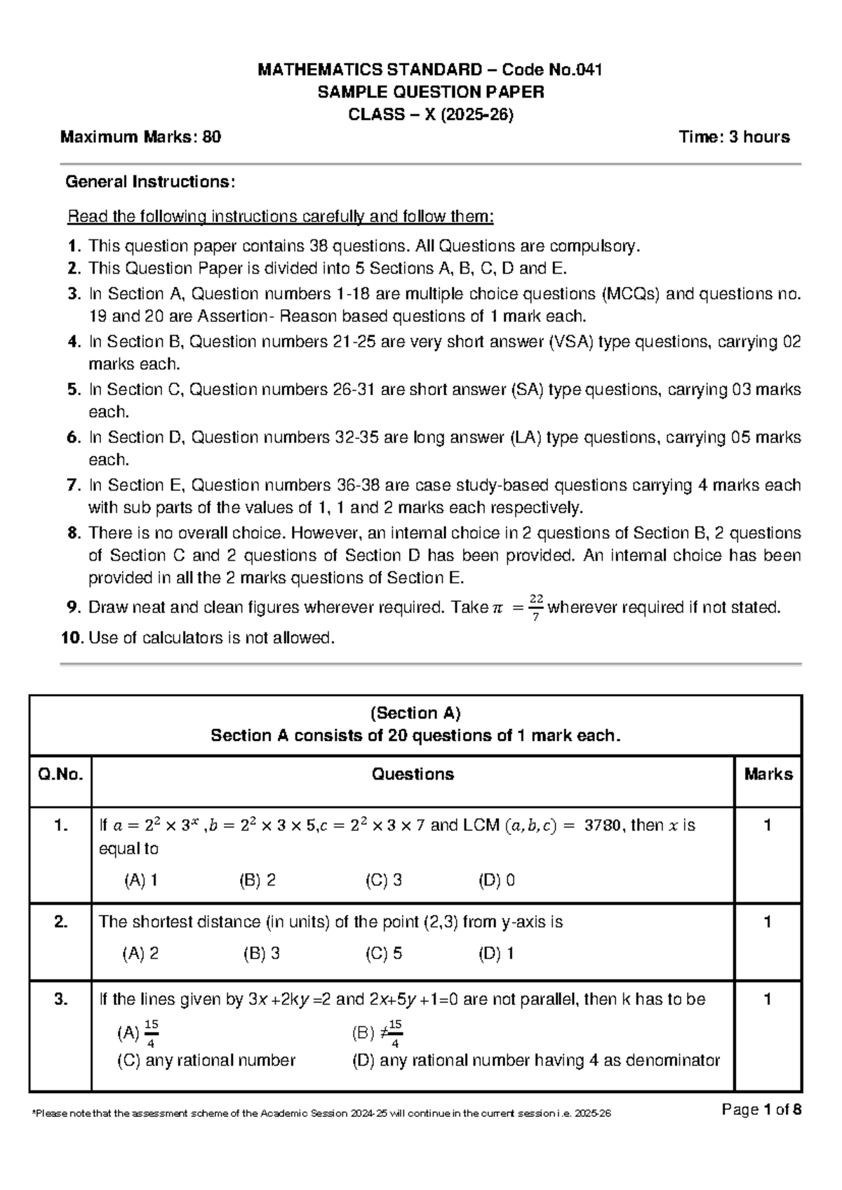 MATHEMATICS STANDARD Code No.041 SAMPLE QUESTION PAPER CLASS X - Studocu