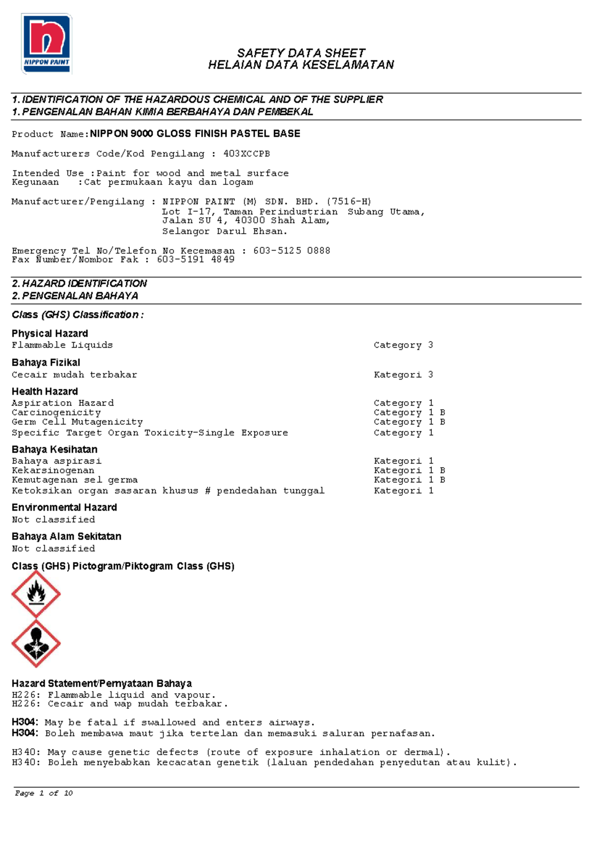 SAFETY DATA SHEET: NIPPON 9000 GLOSS FINISH PASTEL BASE - Studocu