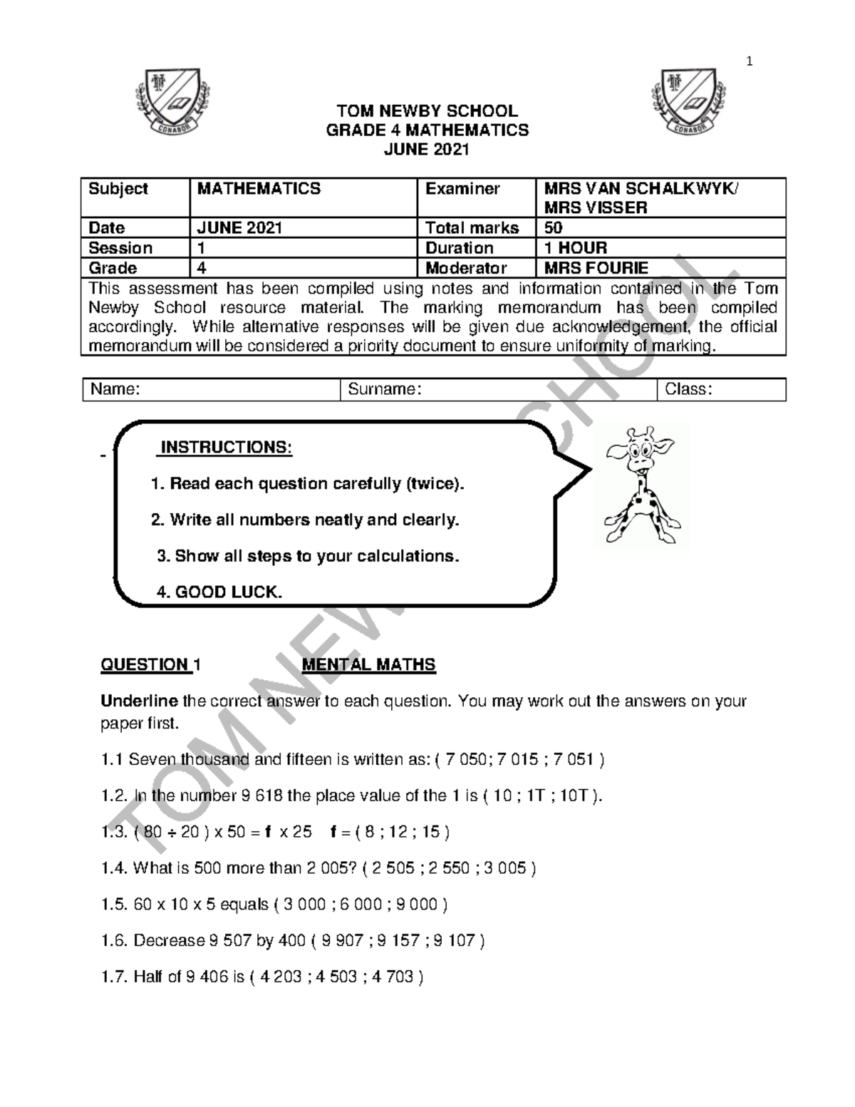 Grade 4 Maths Exam Paper - June 2021 Edition - Studocu