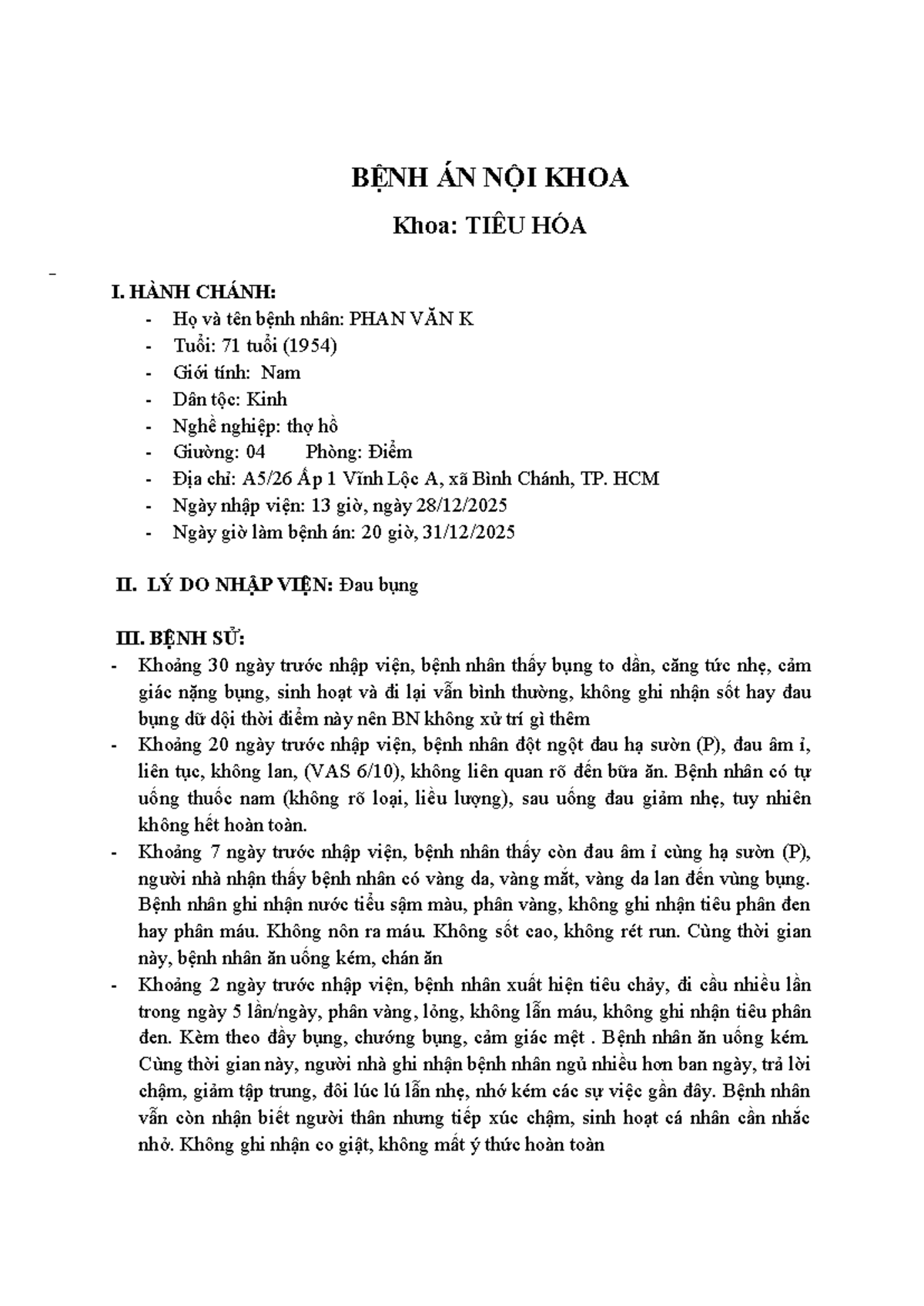 BỆNH ÁN NỘI KHOA - XƠ GAN BIẾN CHỨNG (TIÊU HÓA) - Studocu