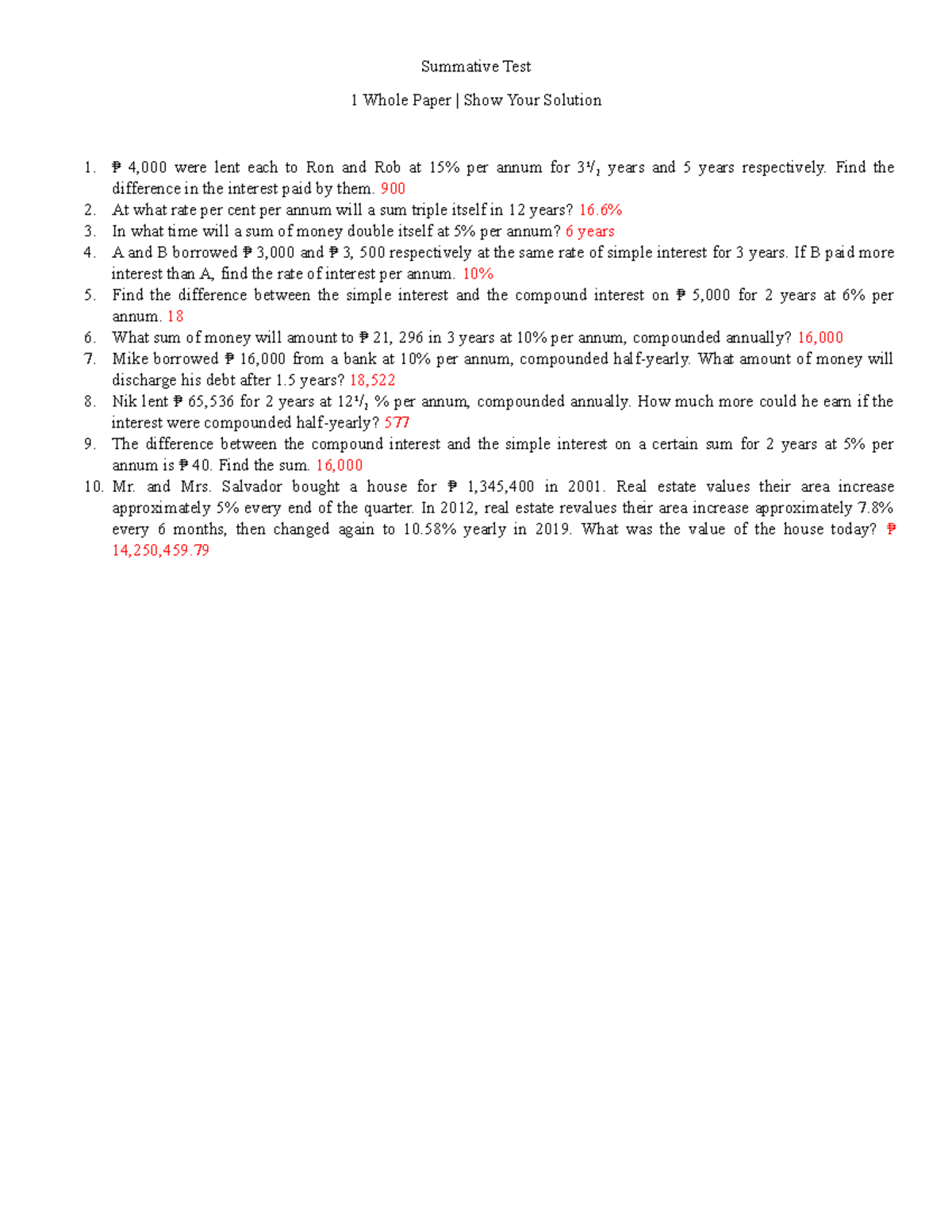 Summative Test - Answer Key - Summative Test 1 Whole Paper | Show Your ...