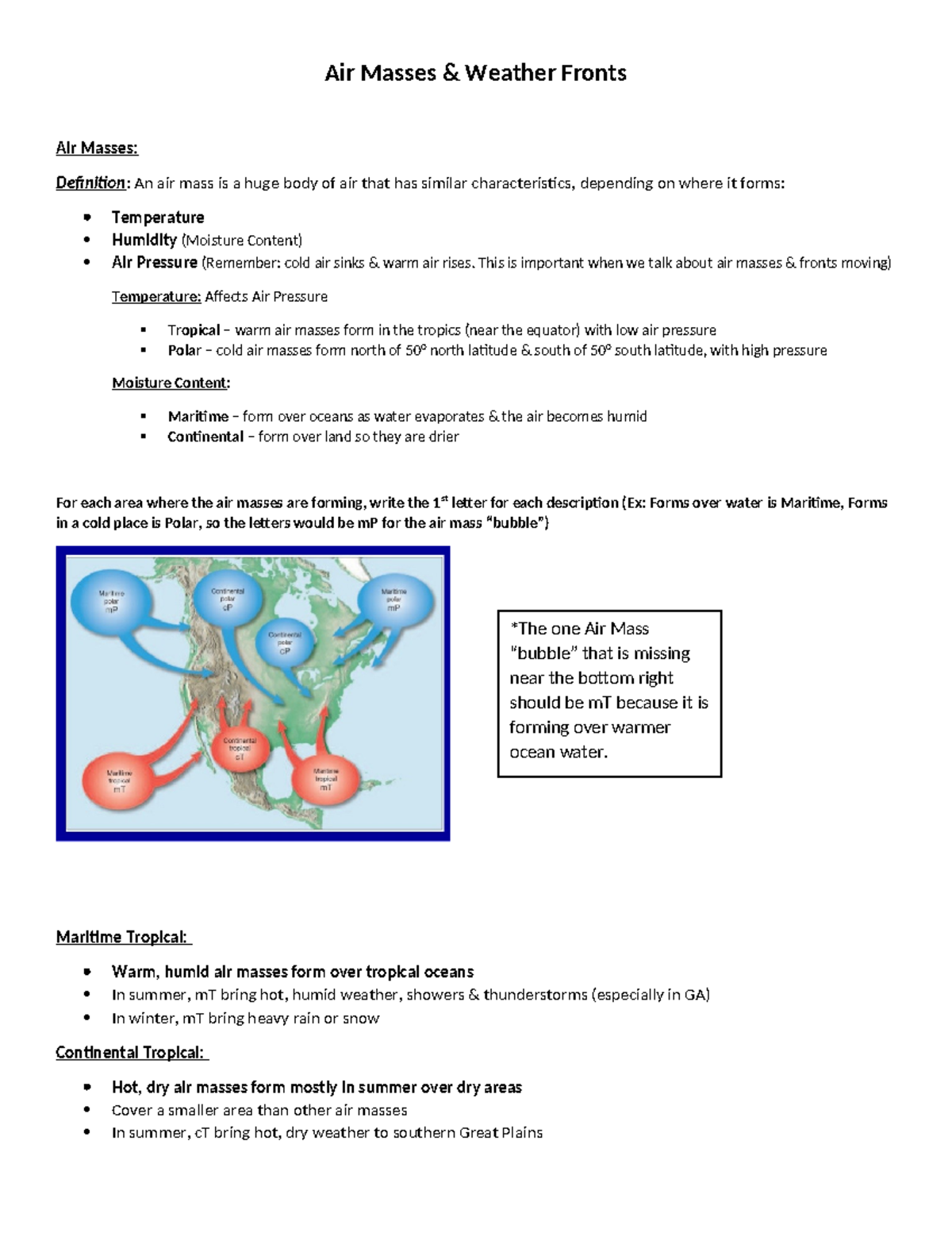 Air Masses & Weather Fronts Notes - Weather Science Study Guide - Studocu