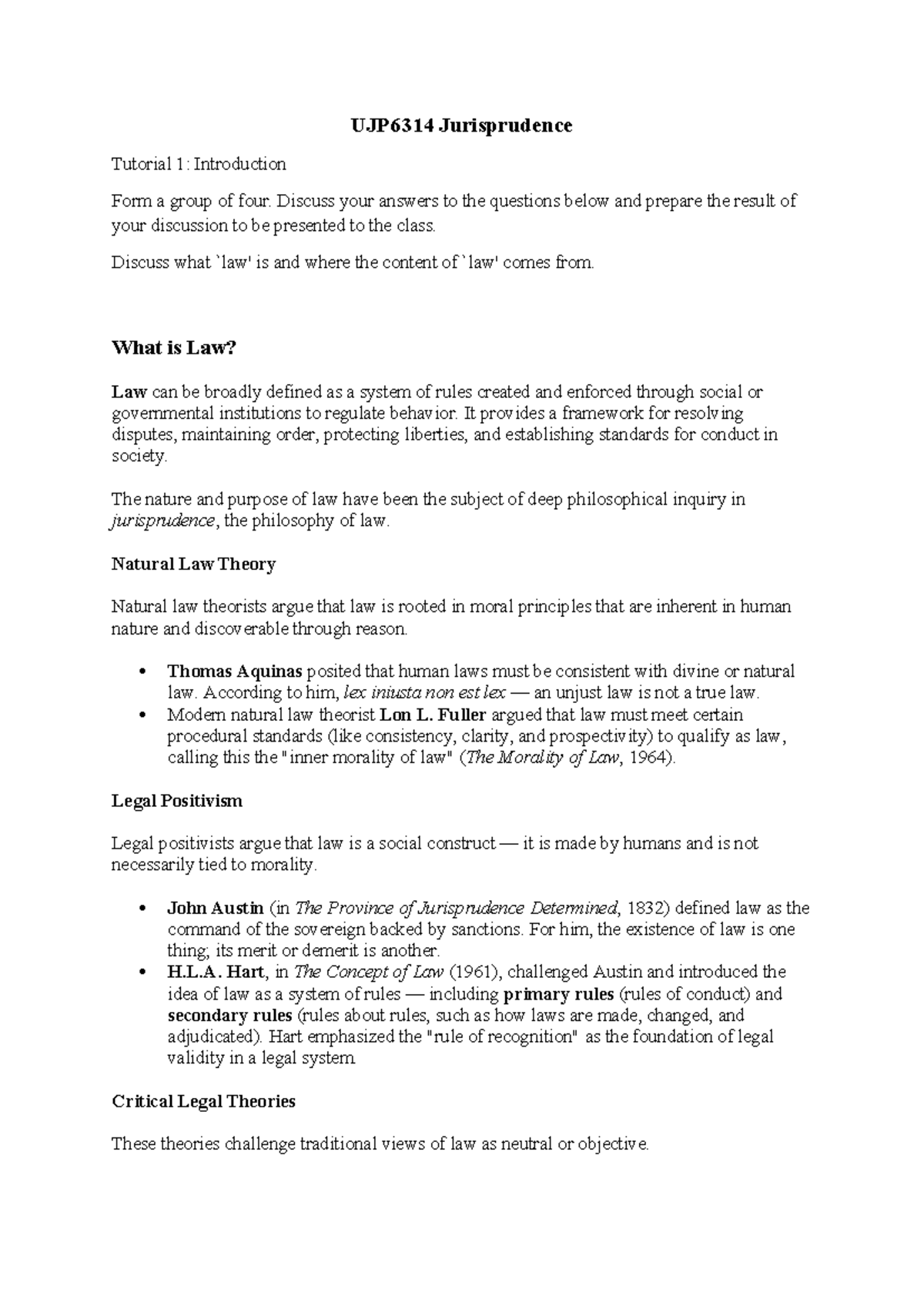 UJP6314 Jurisprudence Tutorial 1: Exploring the Nature of Law - Studocu